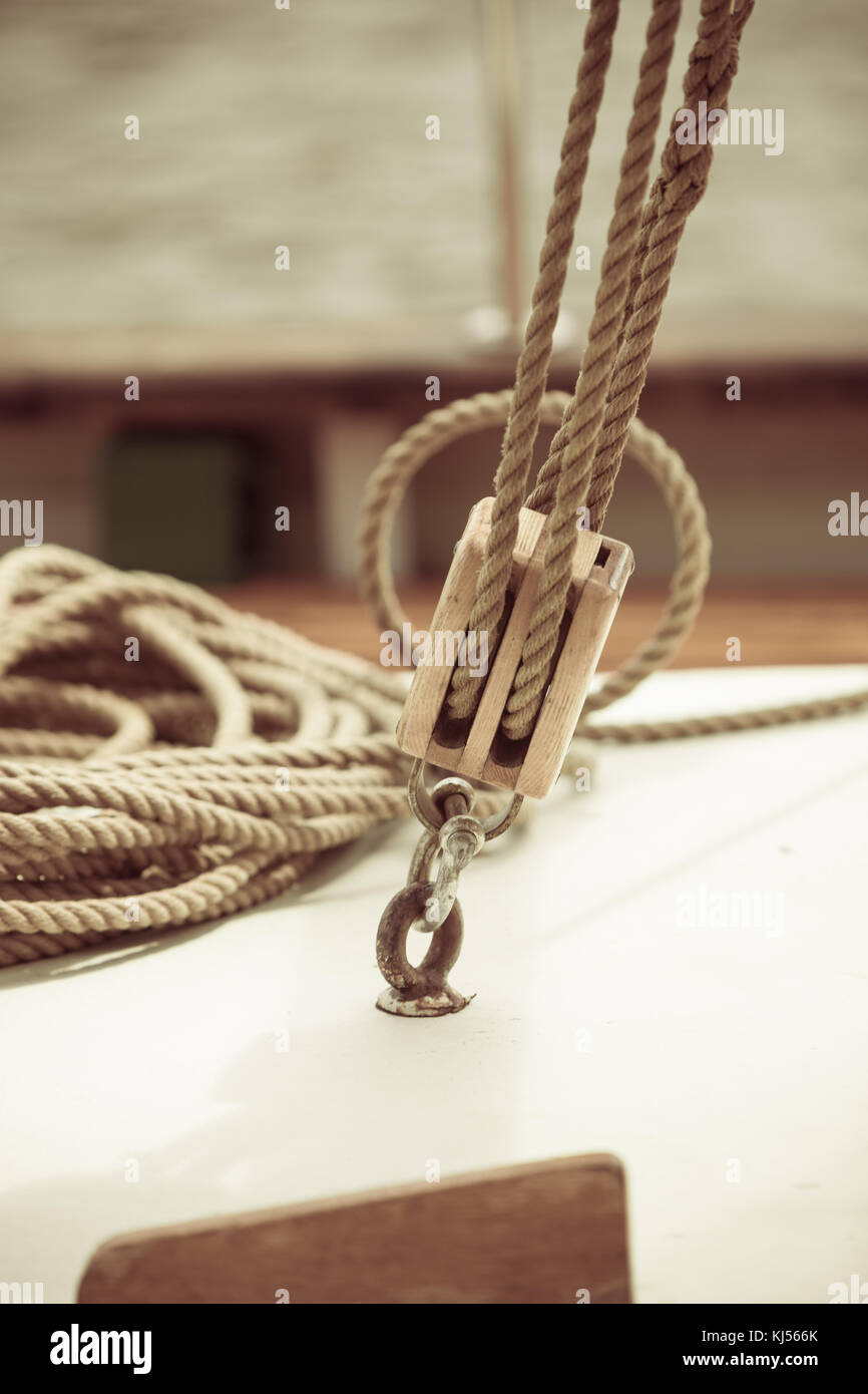 Yachting. Sailboat view of different parts of yacht, block with rope ...