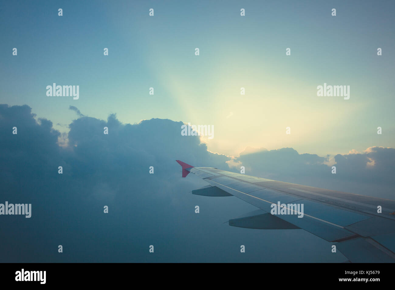 Adventure, travel, transport concept. View from plane window at sky ...