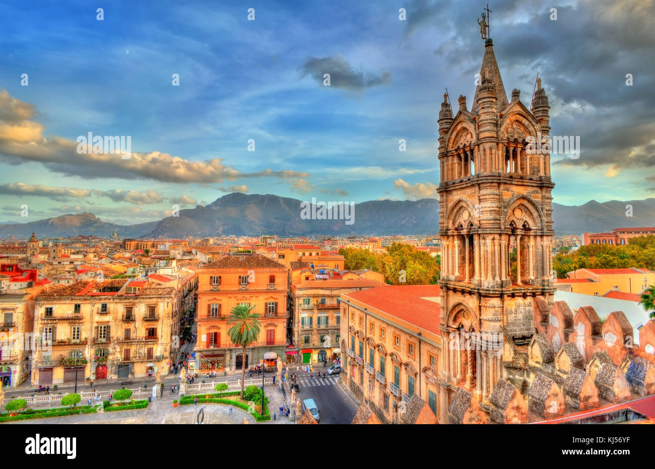 Tower of Palermo Cathedral at sunset - Sicily, Italy Stock Photo - Alamy