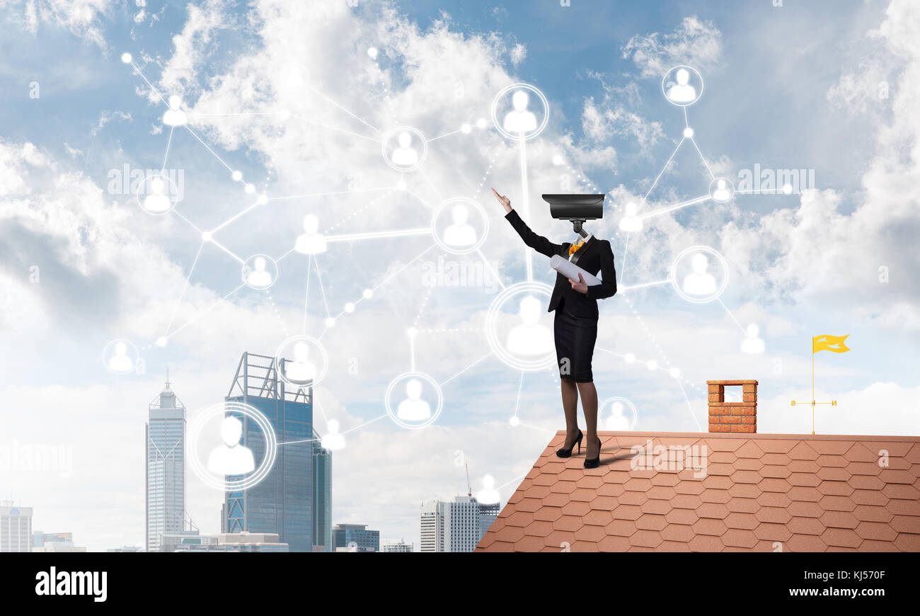 Concept of security and privacy protection with camera headed woman ...