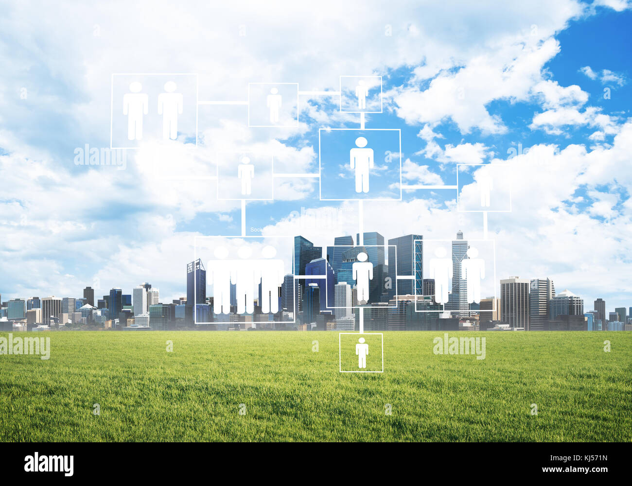 Natural background with modern cityscape green field and media ...