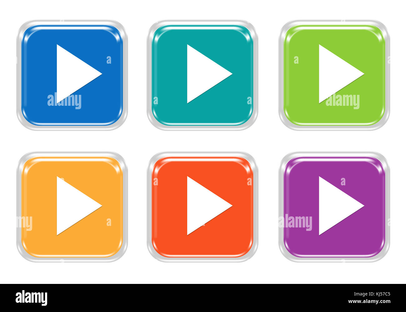 Set of rounded square colorful buttons with play symbol in blue, green ...