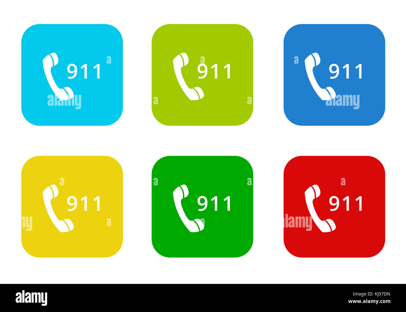 Set of rounded square colorful flat icons with 911 phone symbol in blue ...