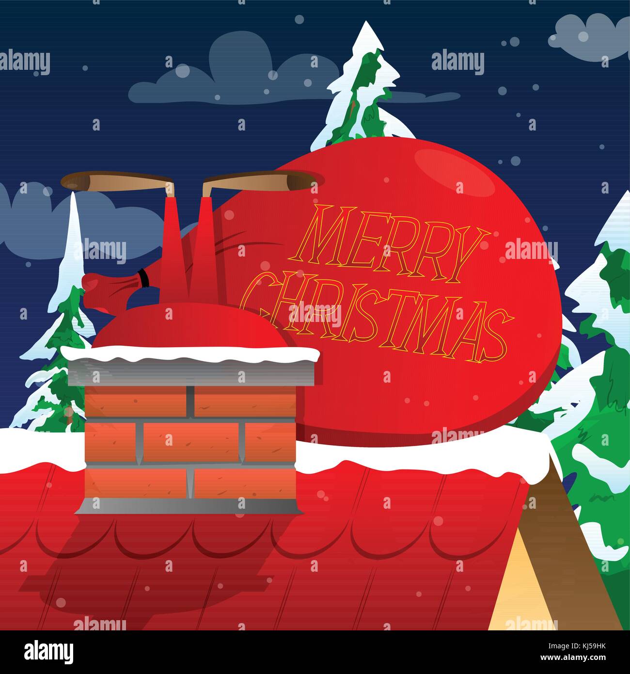 Santa Claus stuck in the chimney. Christmas greeting card. Vector ...
