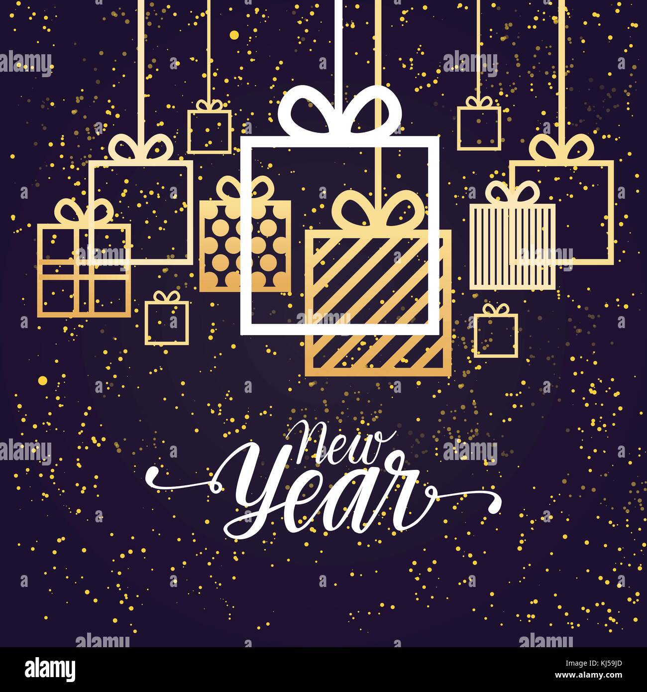 New Year Poster Design With Hanging Gift Boxes Over Glittering Blue ...