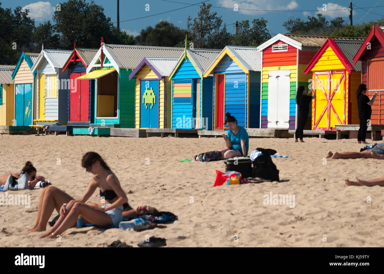 Victorian-era bathing boxes on the Dendy Street Beach, at Brighton on ...