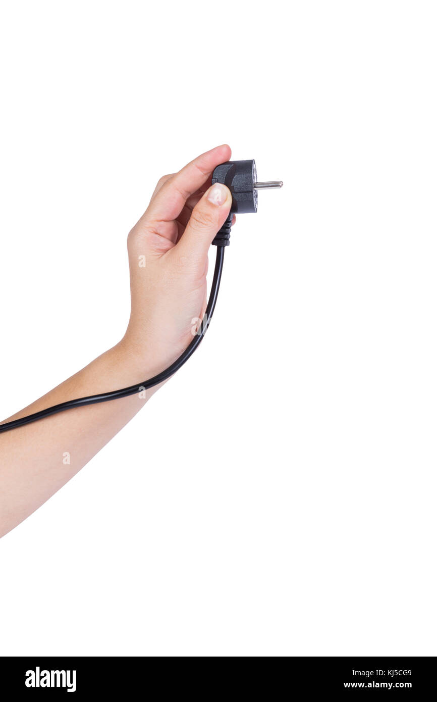 hand holding electric plug isolated on white background Stock Photo - Alamy