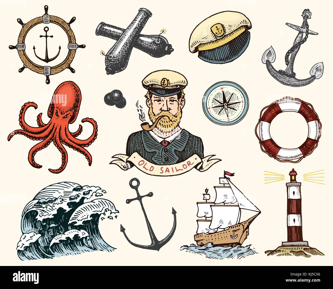 Marine and nautical or sea, ocean emblems. set of engraved vintage ...