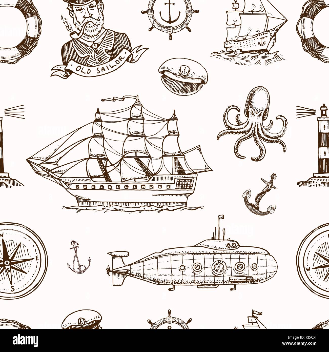 Marine and nautical or sea, ocean emblems. seamless pattern. set of ...