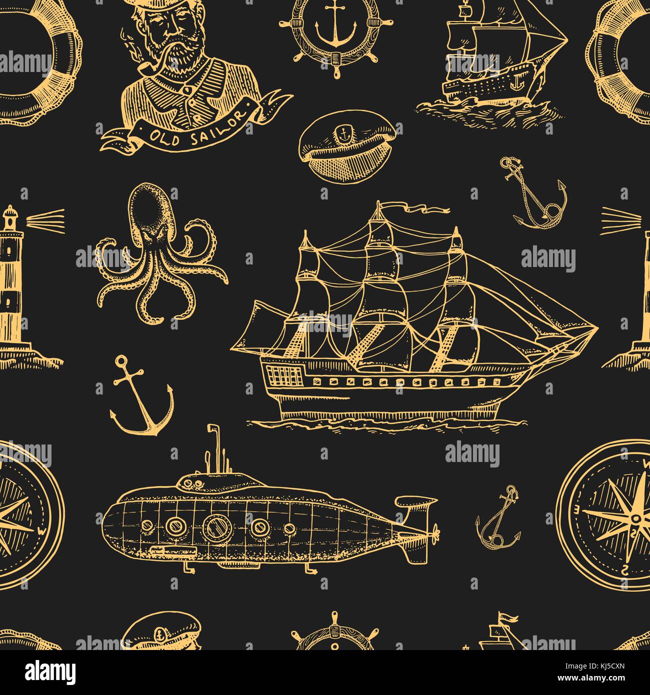 Marine and nautical or sea, ocean emblems. seamless pattern. set of ...
