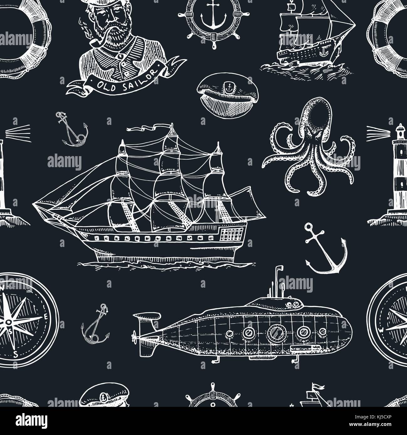 Marine and nautical or sea, ocean emblems. seamless pattern. set of ...