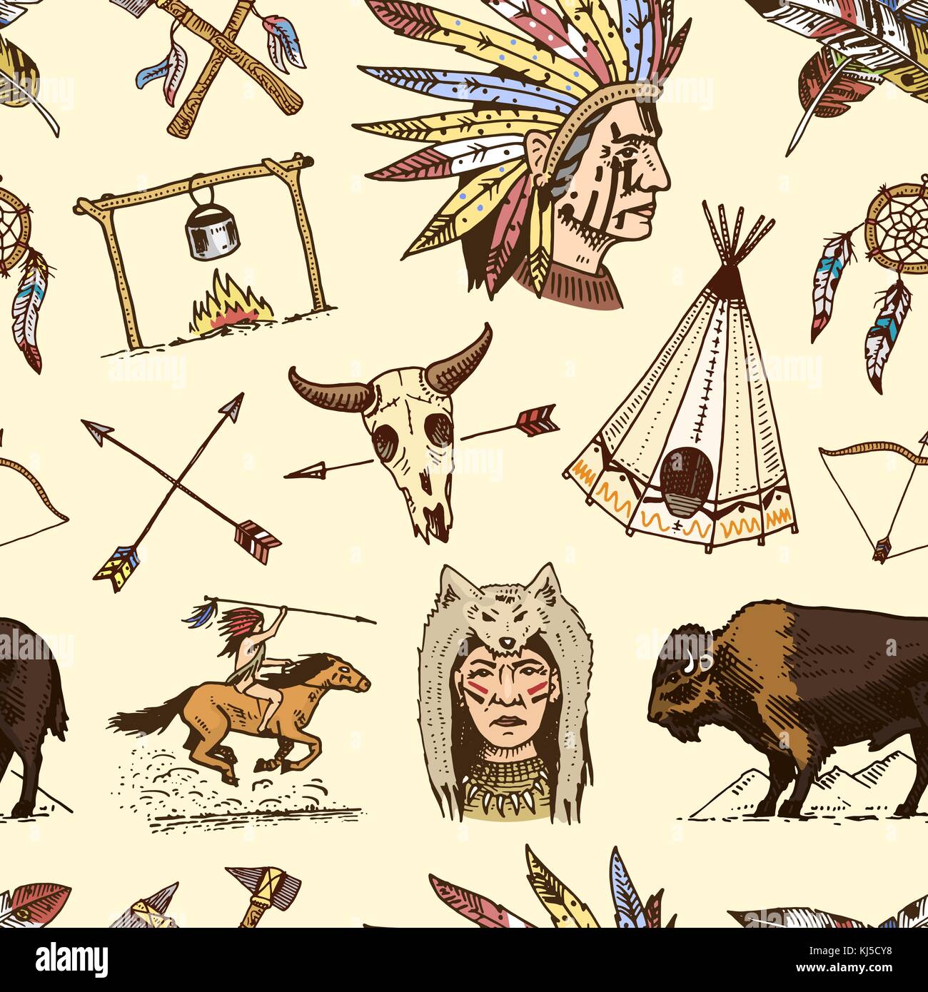 indian or native american. seamless pattern. buffalo, axes and tent ...
