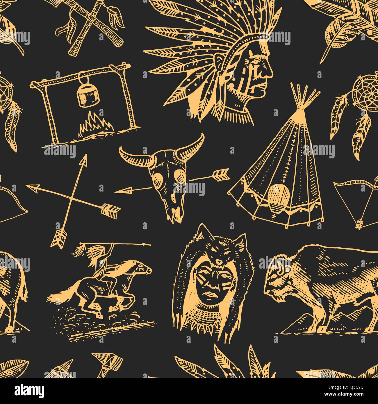 indian or native american. seamless pattern. buffalo, axes and tent ...