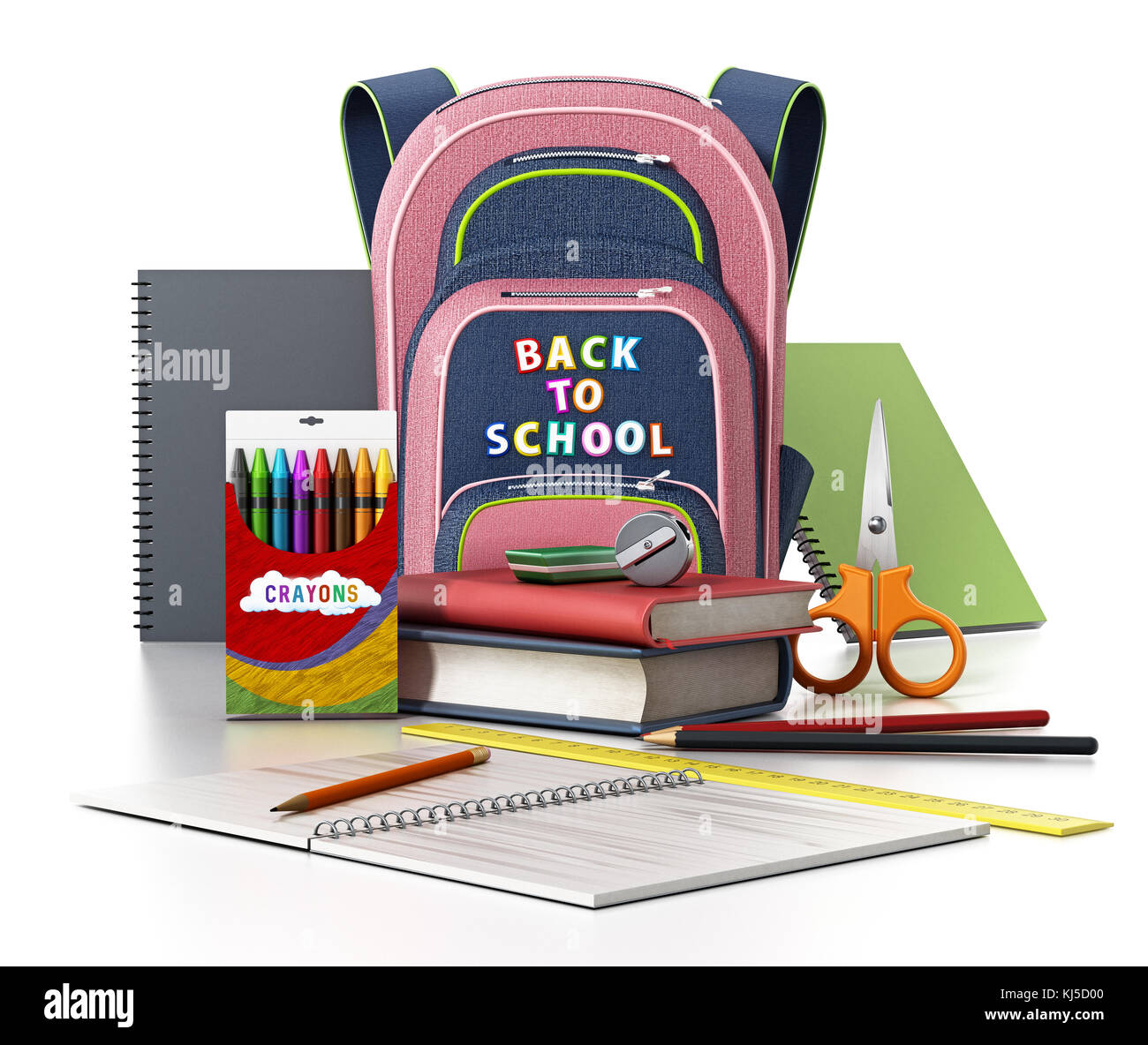 School backpack and education objects isolated on white background. 3D ...