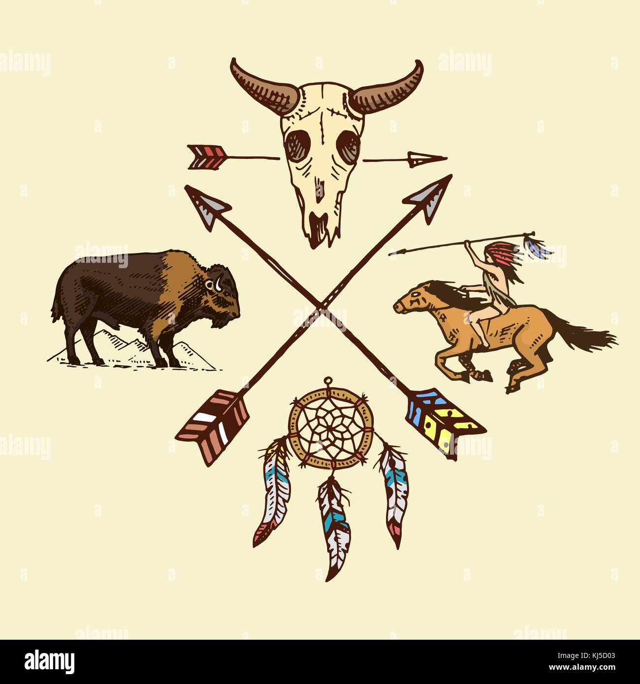 indian or native american horseback. arrows and buffalo skull ...