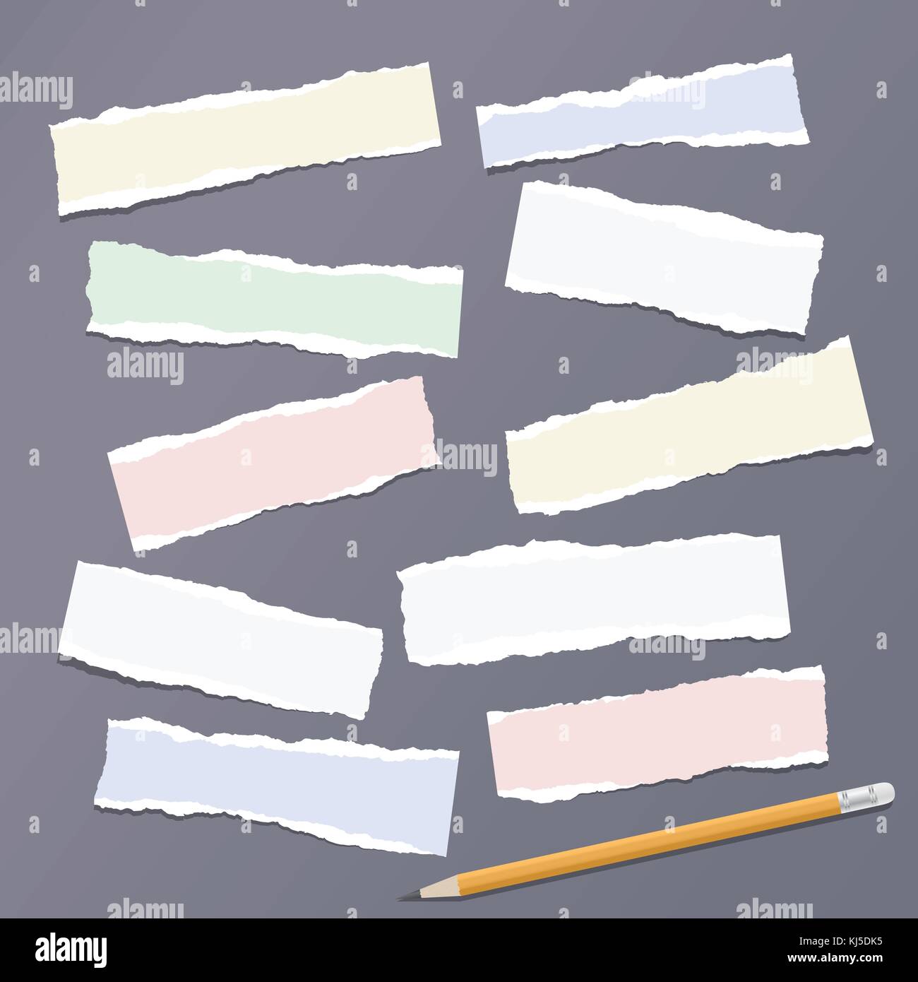 Colorful ripped strips, notebook, note paper with pencil for text or ...