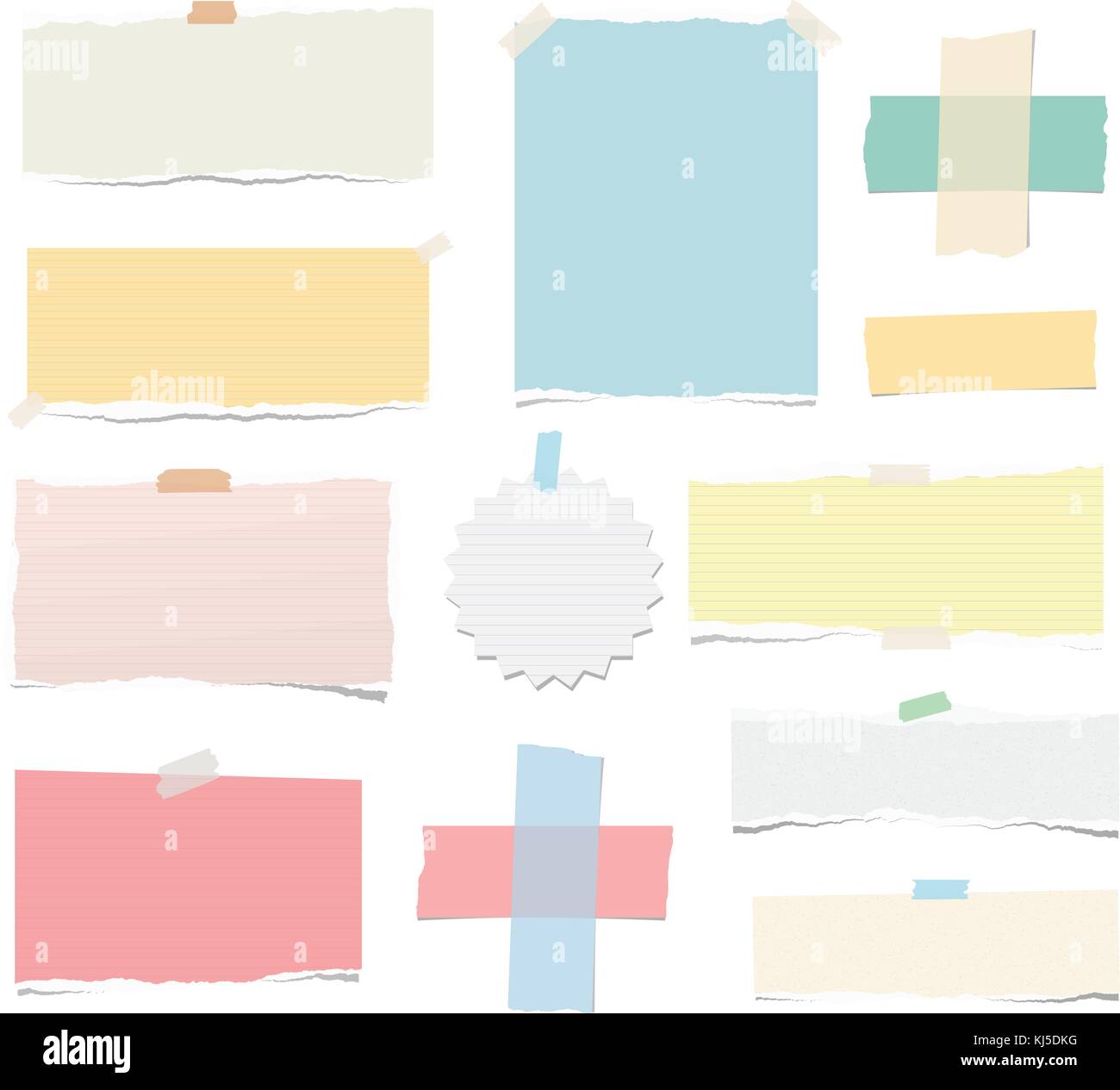 Bright colorful ripped strips, notebook, note paper, adhesive tape for ...