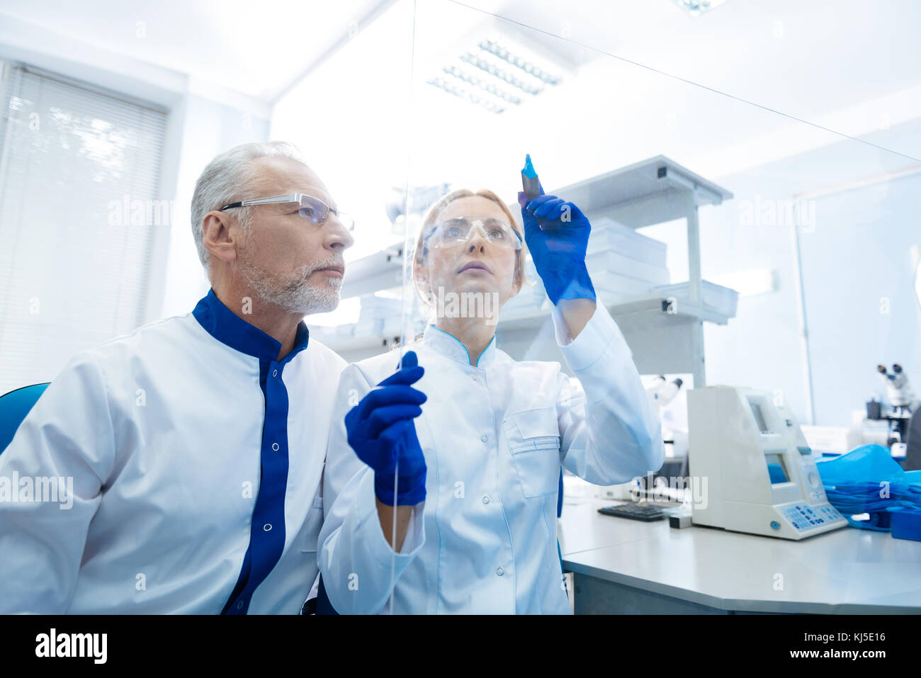 Concentrated researcher writing on glass Stock Photo - Alamy