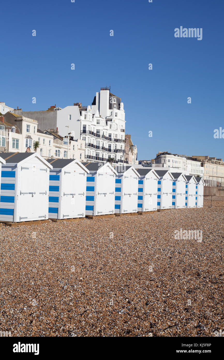 Typical Blue and white painted beach huts on Hastings Beach, Hastings ...