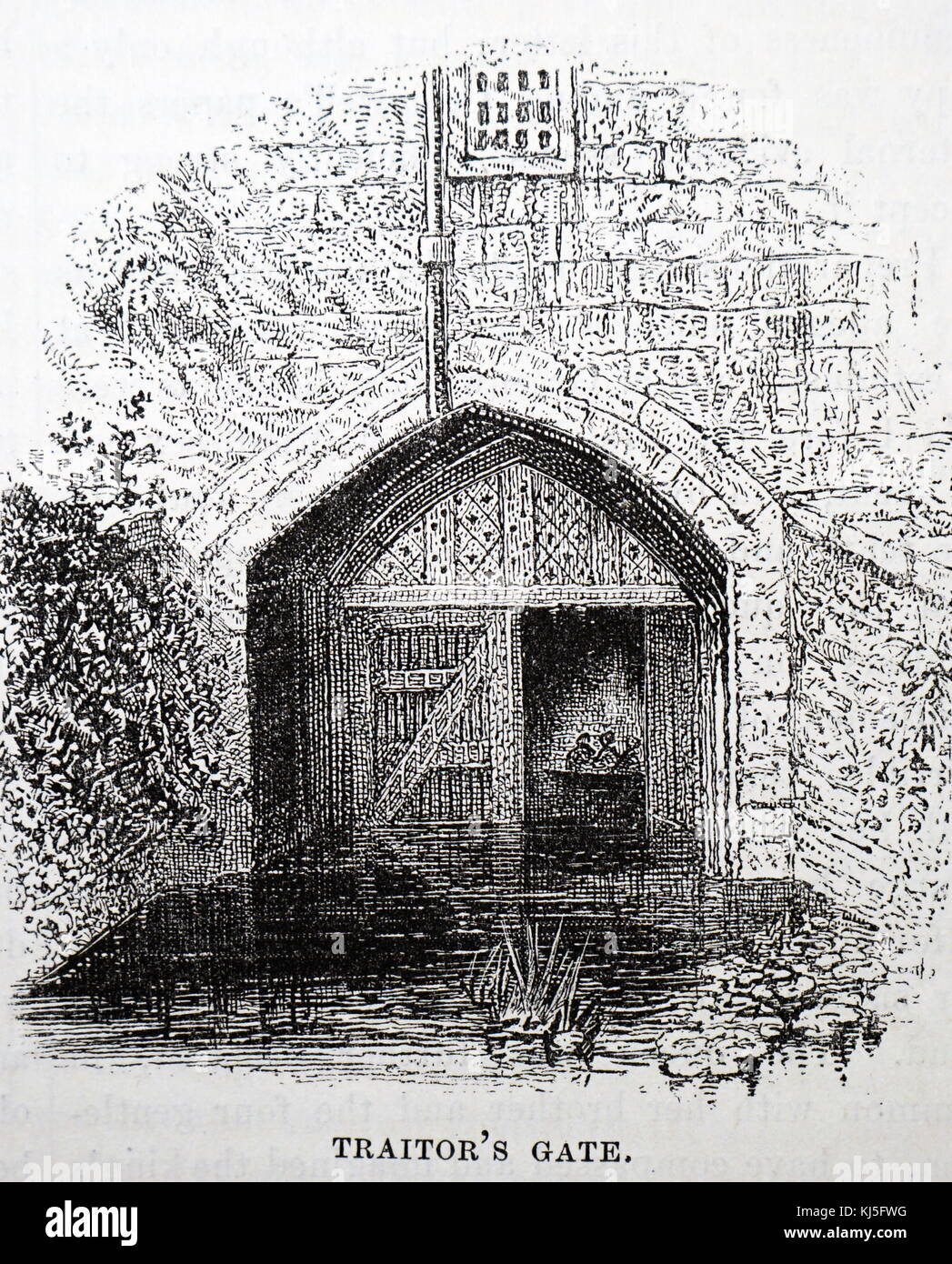Engraving depicting the Traitor's Gate, used by during the Tudor period ...