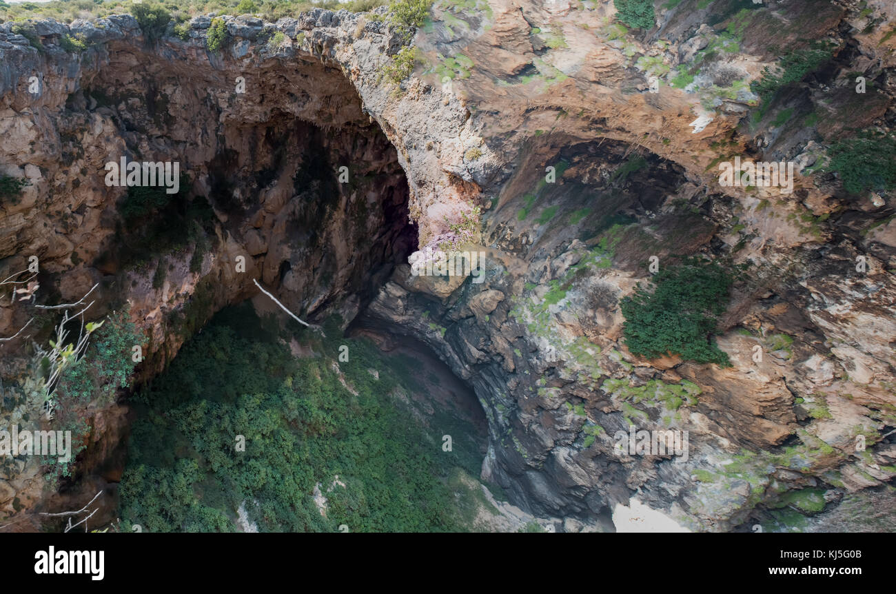 Aerial interior view of the pit of hell(cehennnem) located in Silifke ...