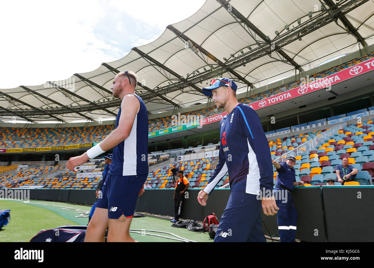 England's Joe Root and Stuart Broad during a nets session at The Gabba ...