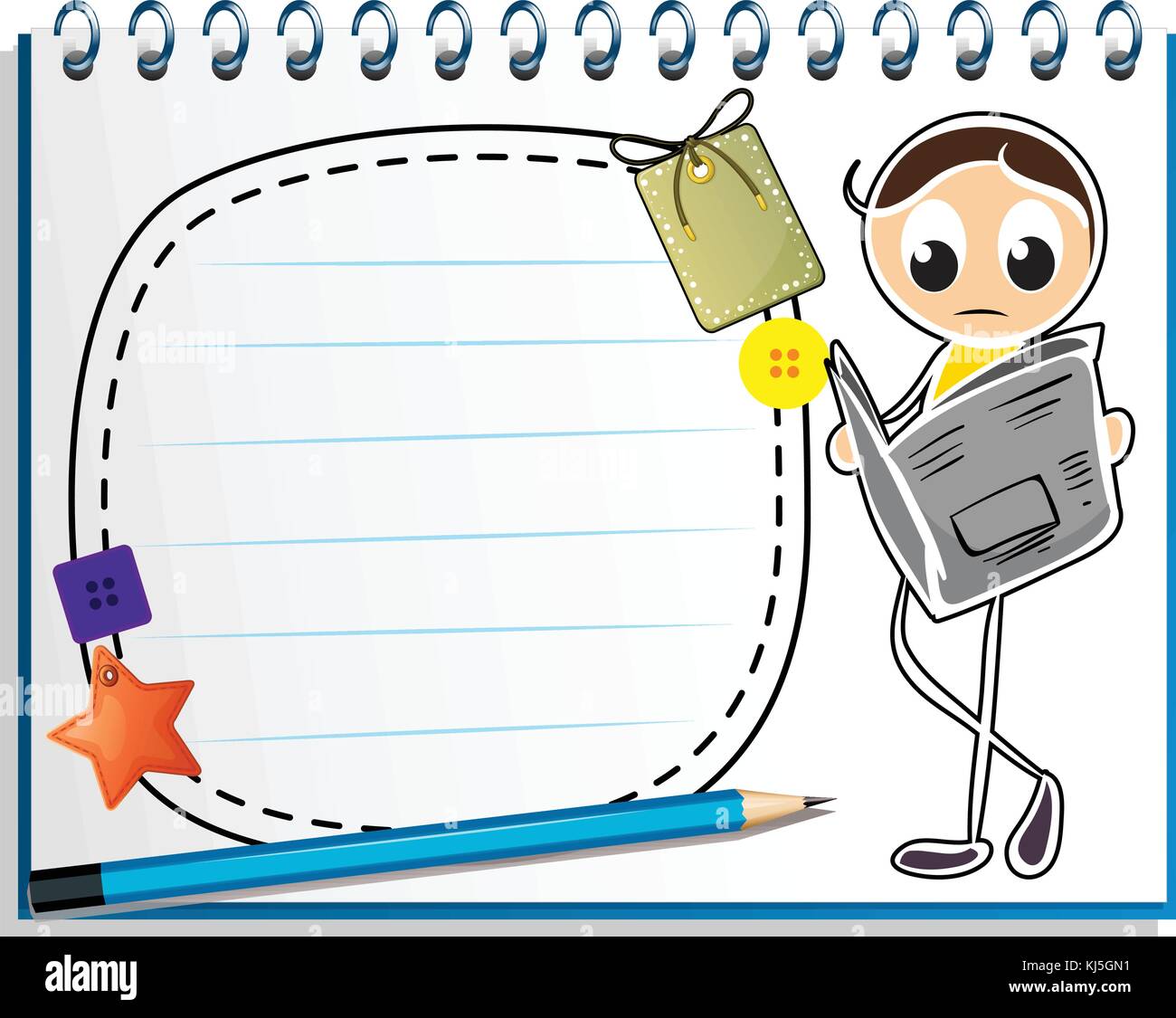 Illustration of a notebook with a sketch of a man reading on a white ...