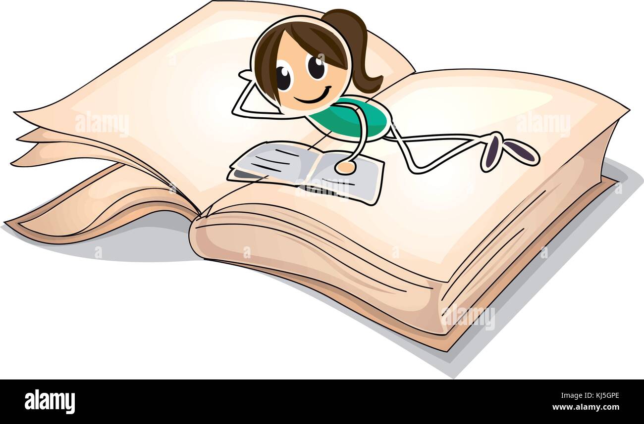 Illustration of a big book with a young girl reading on a white ...