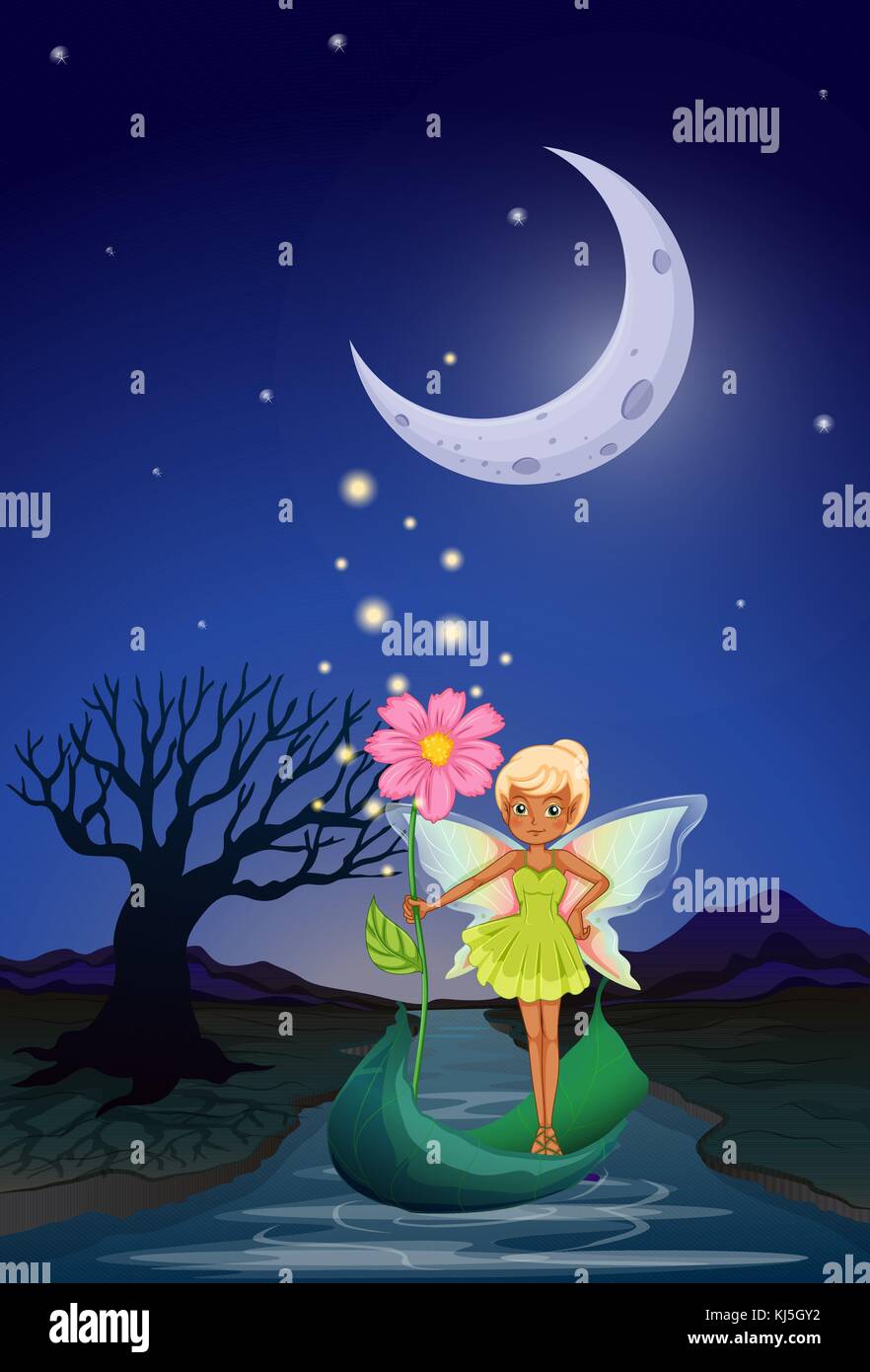 Illustration of a fairy holding a flower riding on a boat in the middle ...