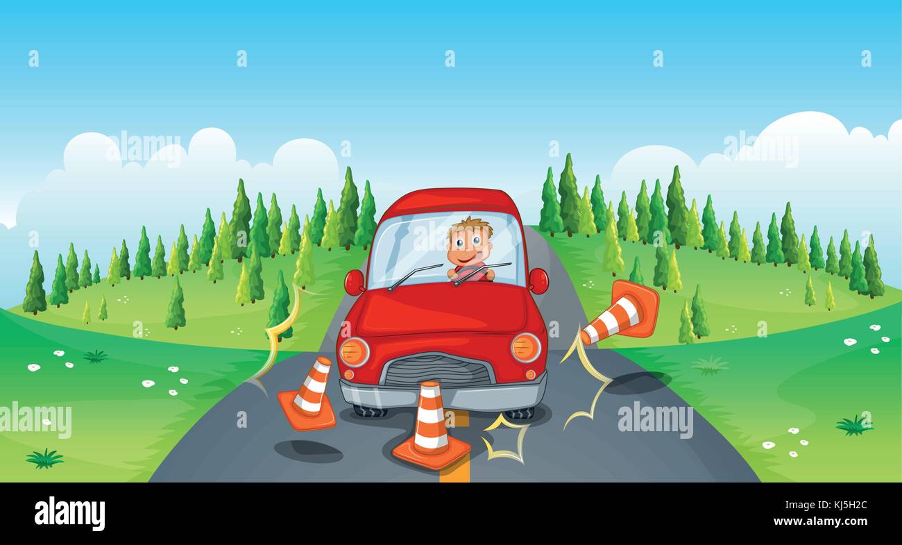 Illustration of a red car at the road bumping the traffic cones Stock ...
