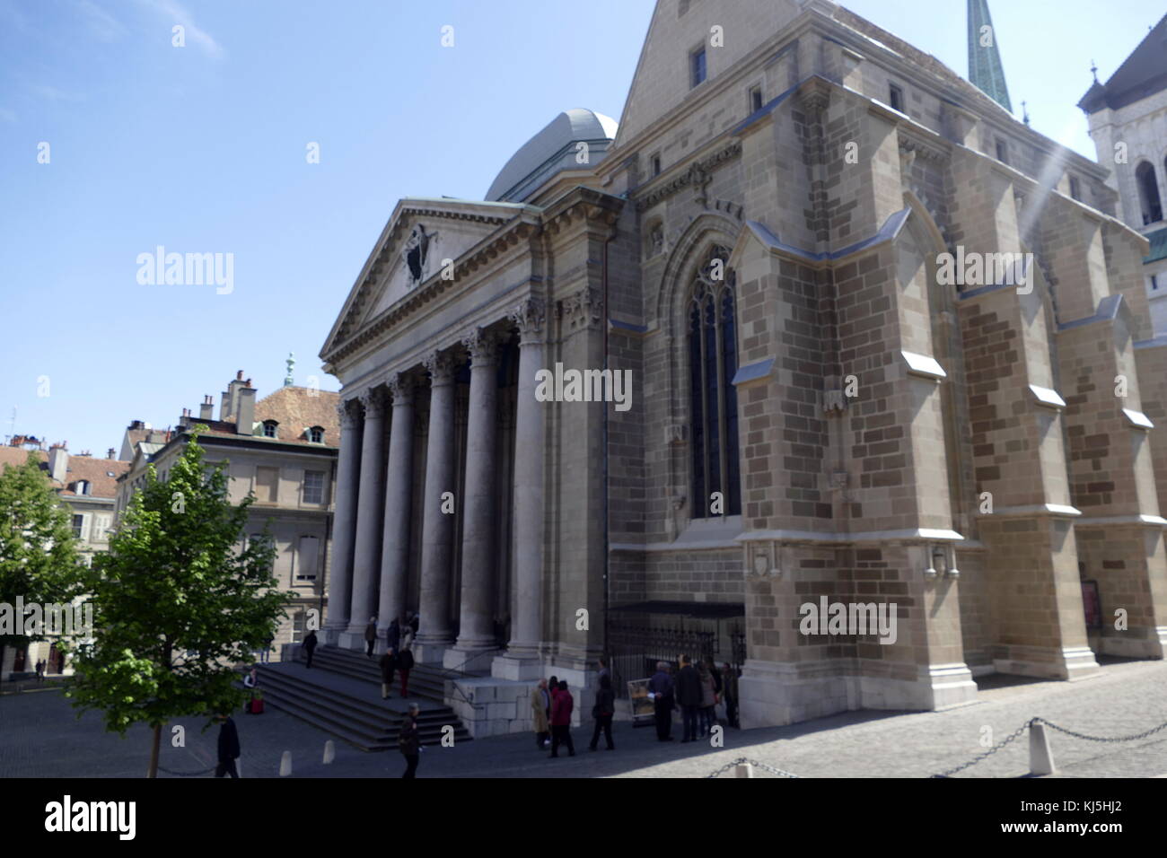 entrance to the St. Pierre Cathedral, in Geneva, Switzerland. The ...