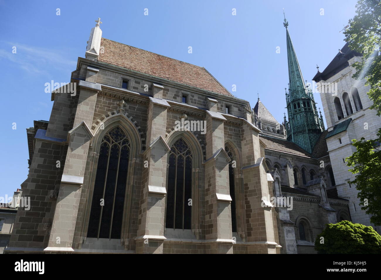 entrance to the St. Pierre Cathedral, in Geneva, Switzerland. The ...
