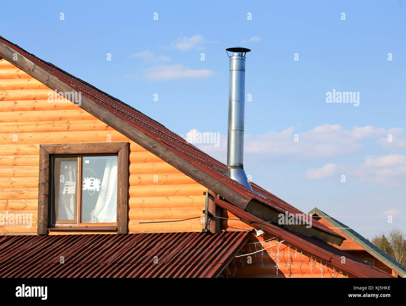 White metallic chimney on the roof of a country house Stock Photo - Alamy