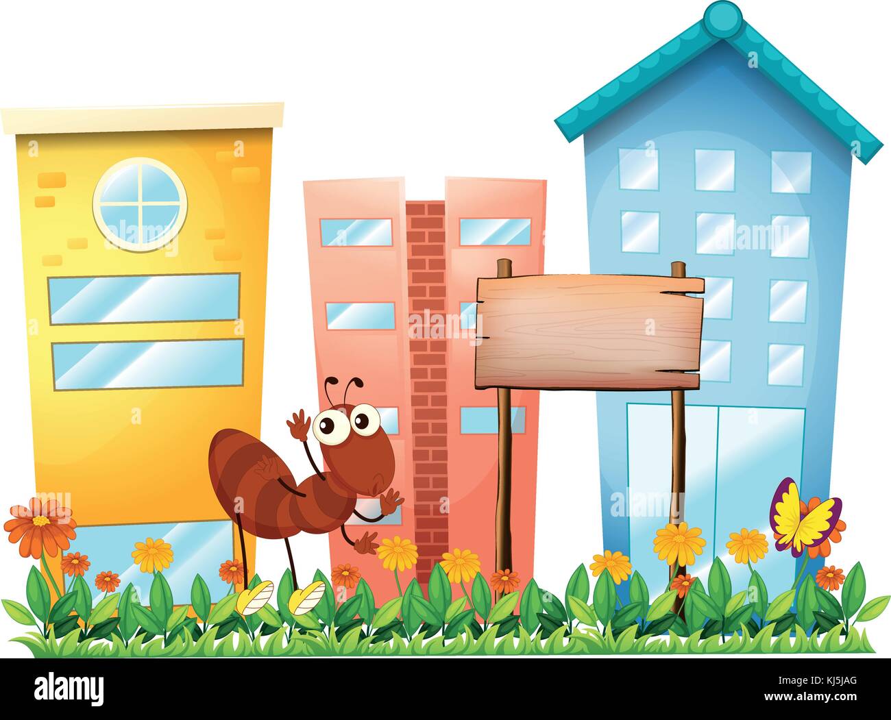 Illustration of an ant beside a wooden signboard in front of the ...