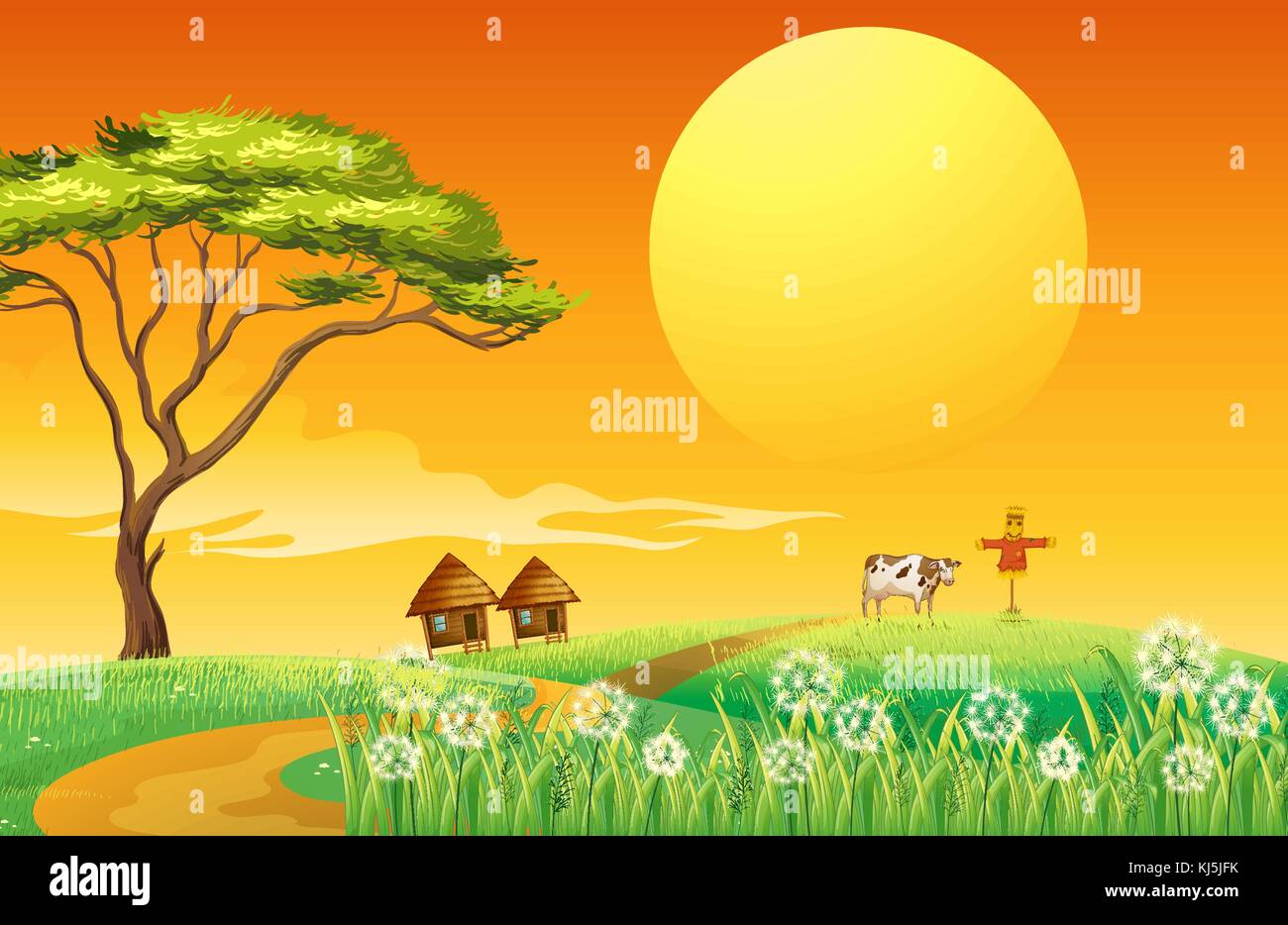 Illustration of a farm with a cow and a scarecrow Stock Vector Image ...