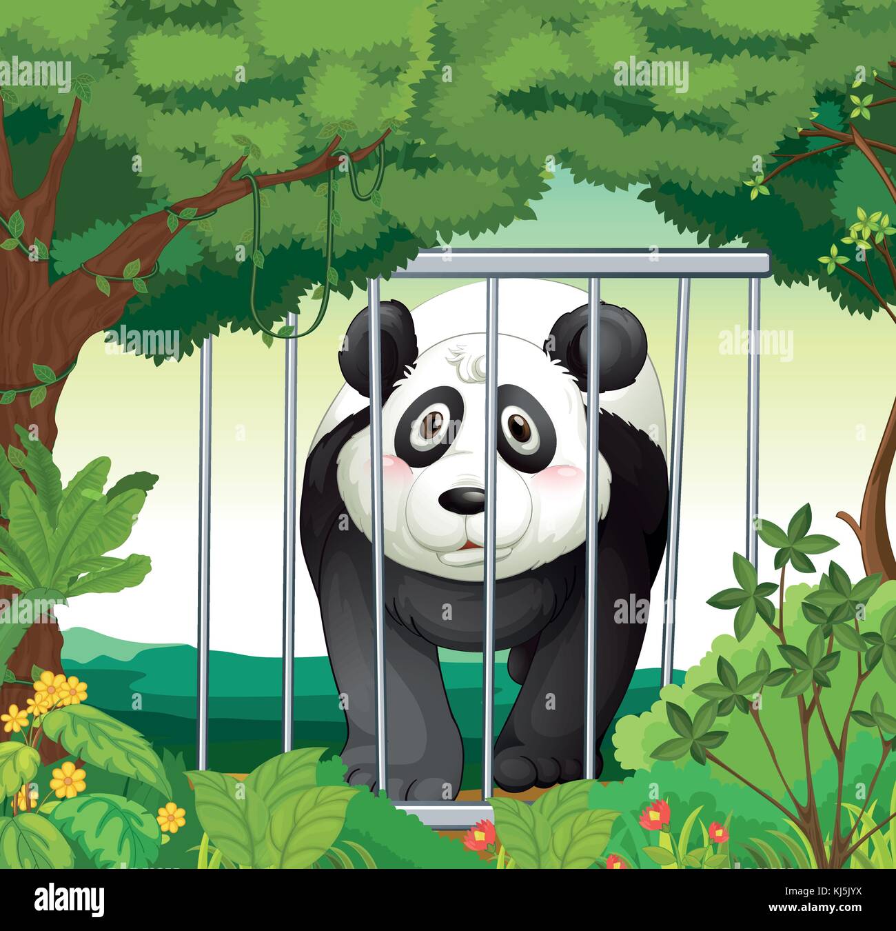 Illustration of a forest with a panda inside a cage Stock Vector Image ...