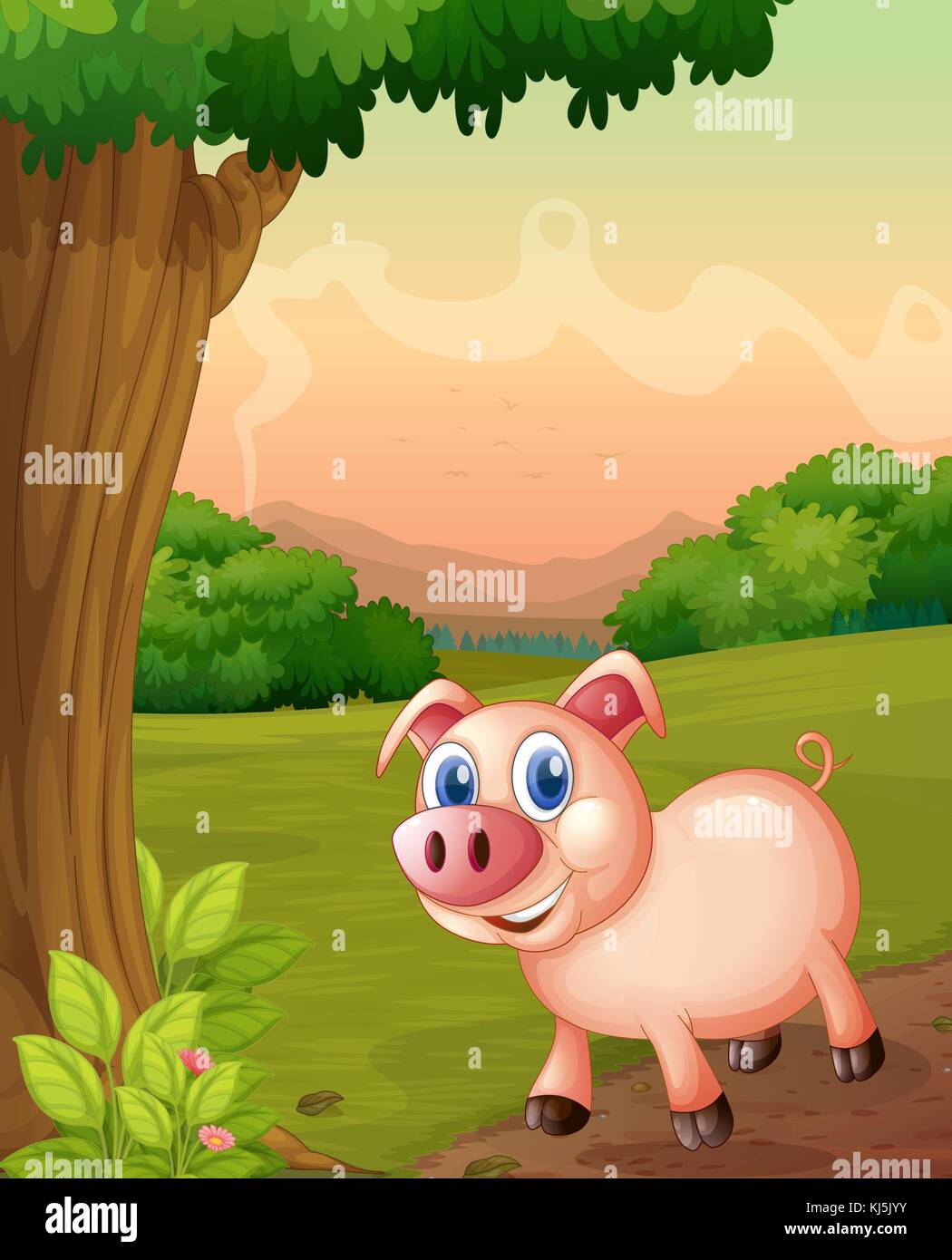 Illustration of a smiling pig under the tree Stock Vector Image & Art ...