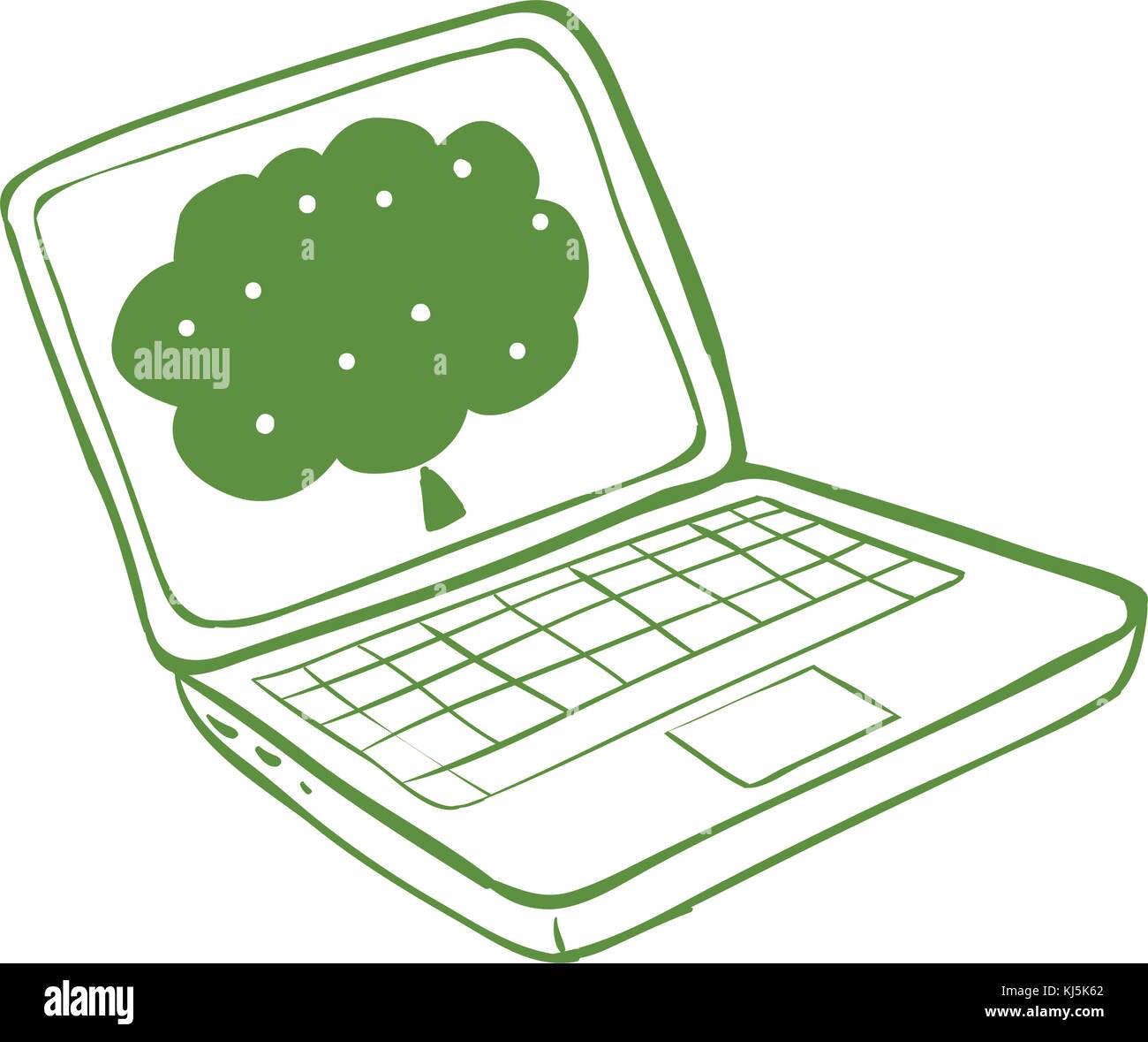 Illustration of a green laptop with an image of a tree on a white ...