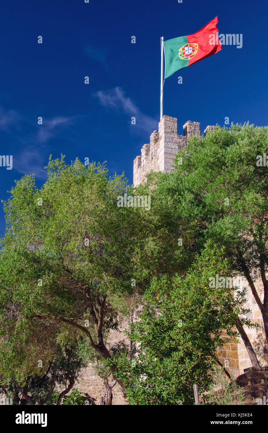 Waving in wind red and green flag of Portugal fixed with flagpole on ...