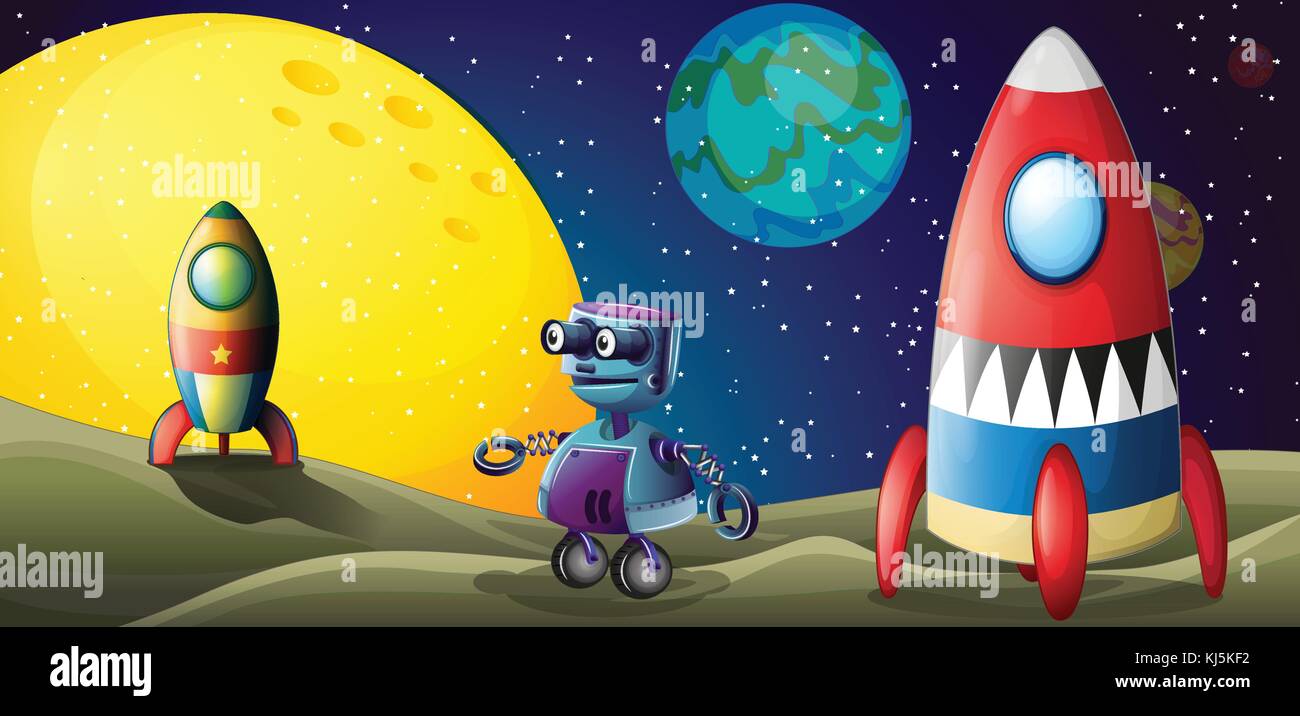 Illustration of the two spaceships and a purple robot in the outerspace ...