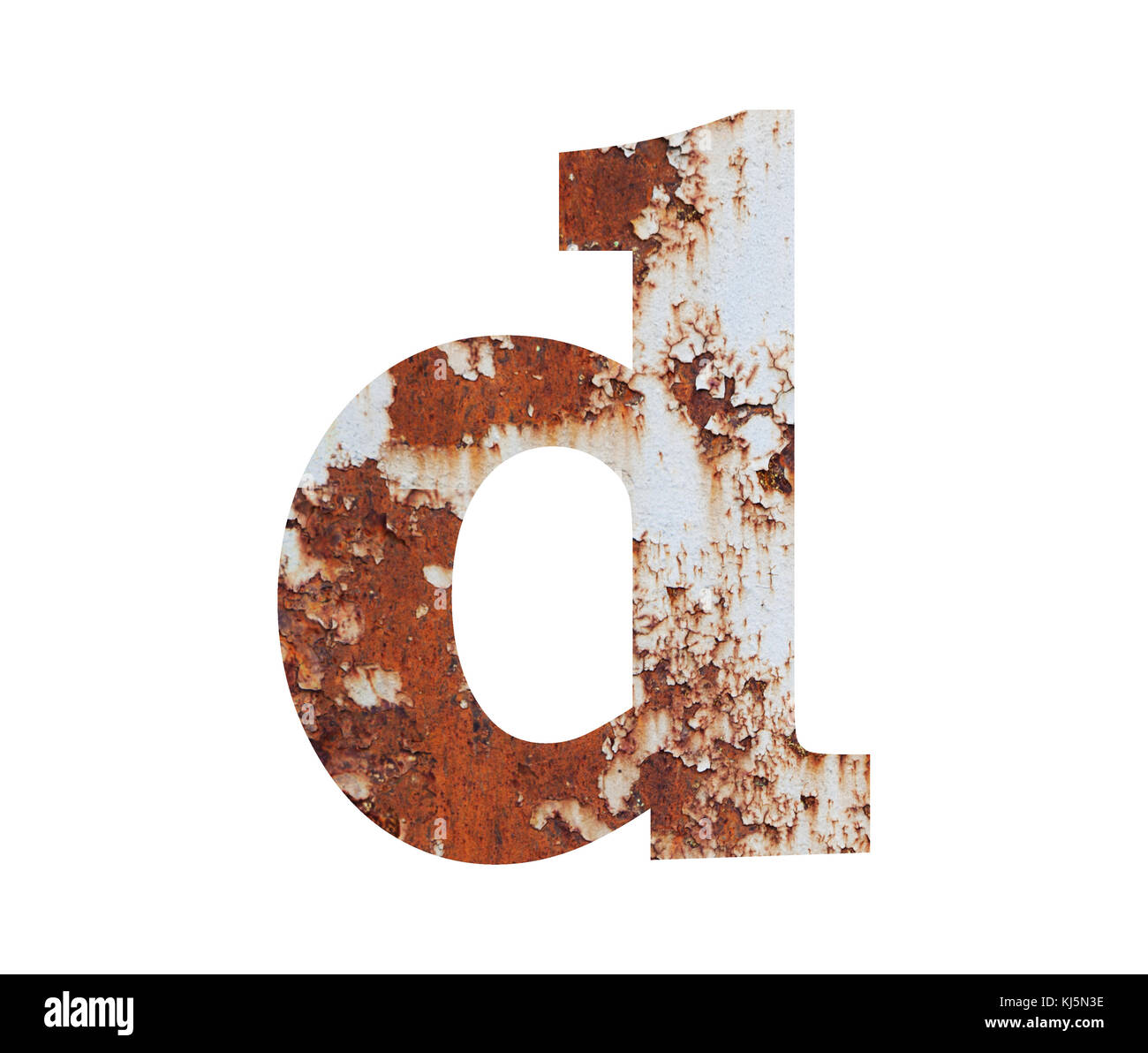 Old rusty metal alphabet, text d, isolated over the white background ...