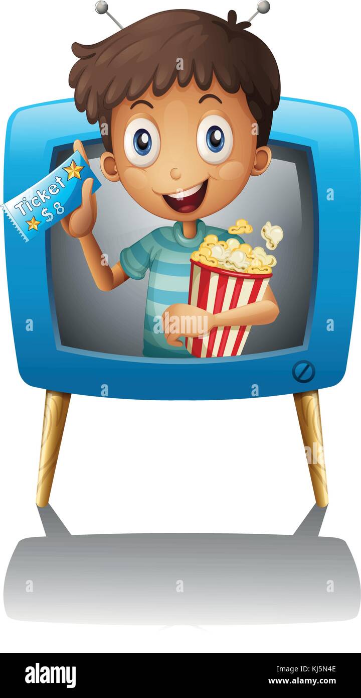Illustration of a boy inside the TV with a popcorn and a ticket on a ...