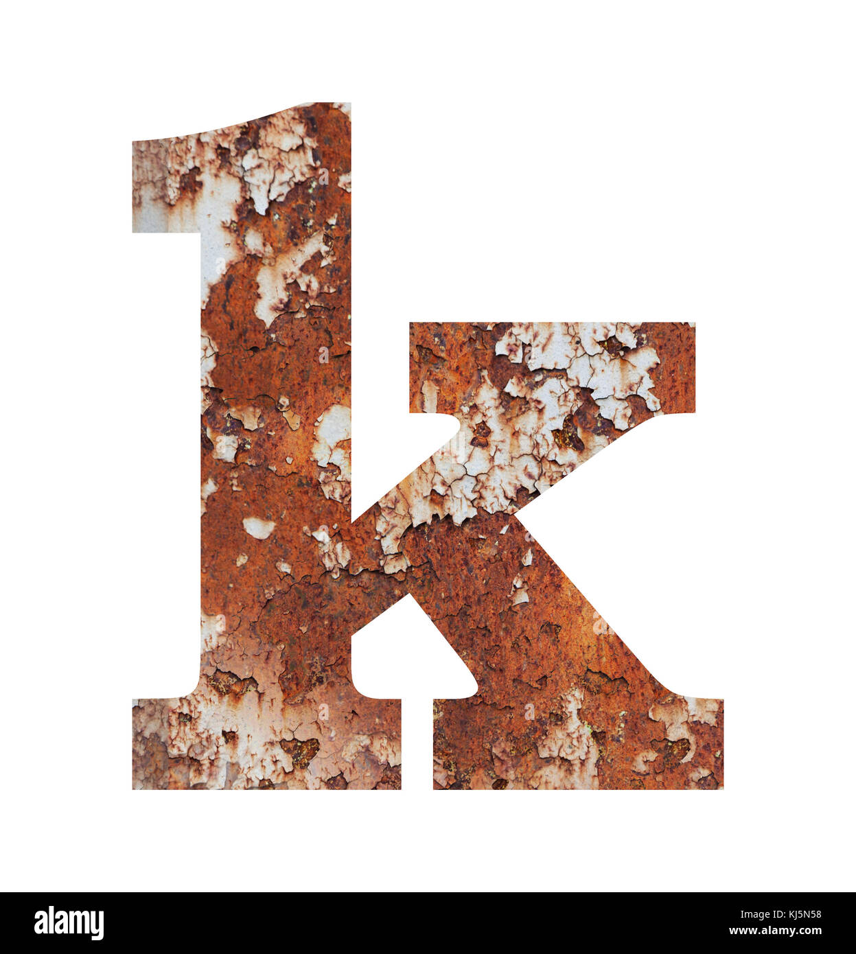 Old rusty metal alphabet, text k, isolated over the white background ...