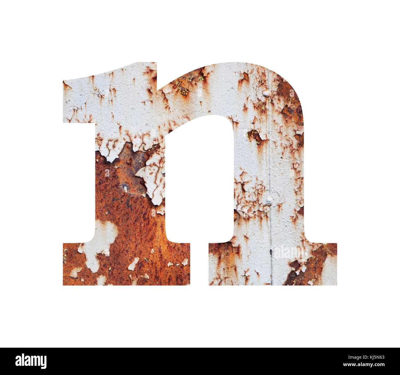 Old rusty metal alphabet, text n, isolated over the white background ...