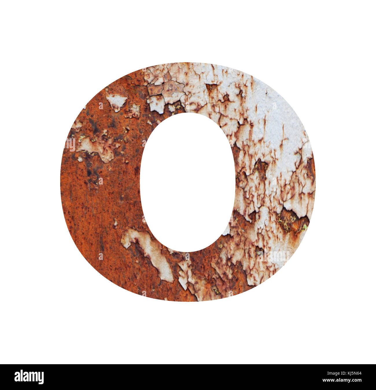 Old rusty metal alphabet, text o, isolated over the white background ...