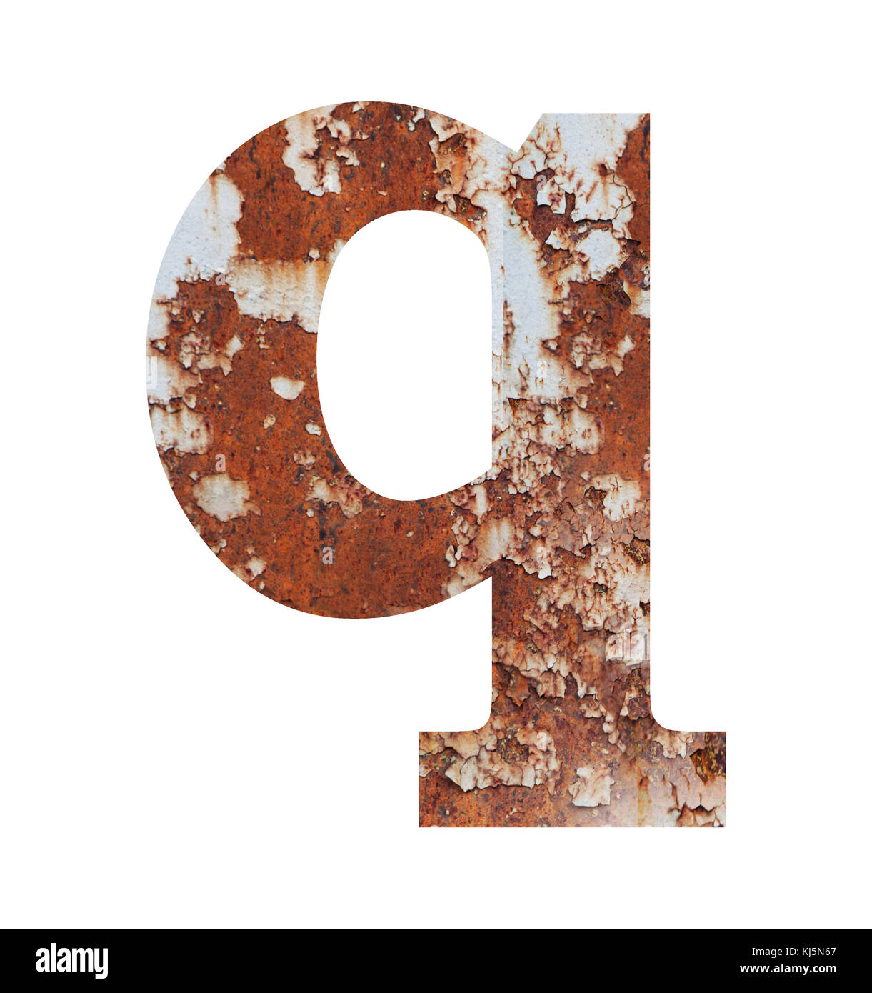 Old rusty metal alphabet, text q, isolated over the white background ...