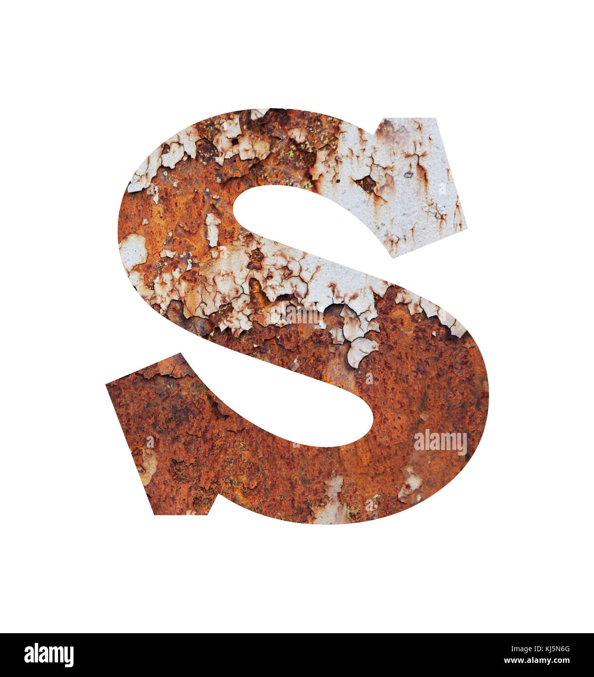 Old rusty metal alphabet, text s, isolated over the white background ...