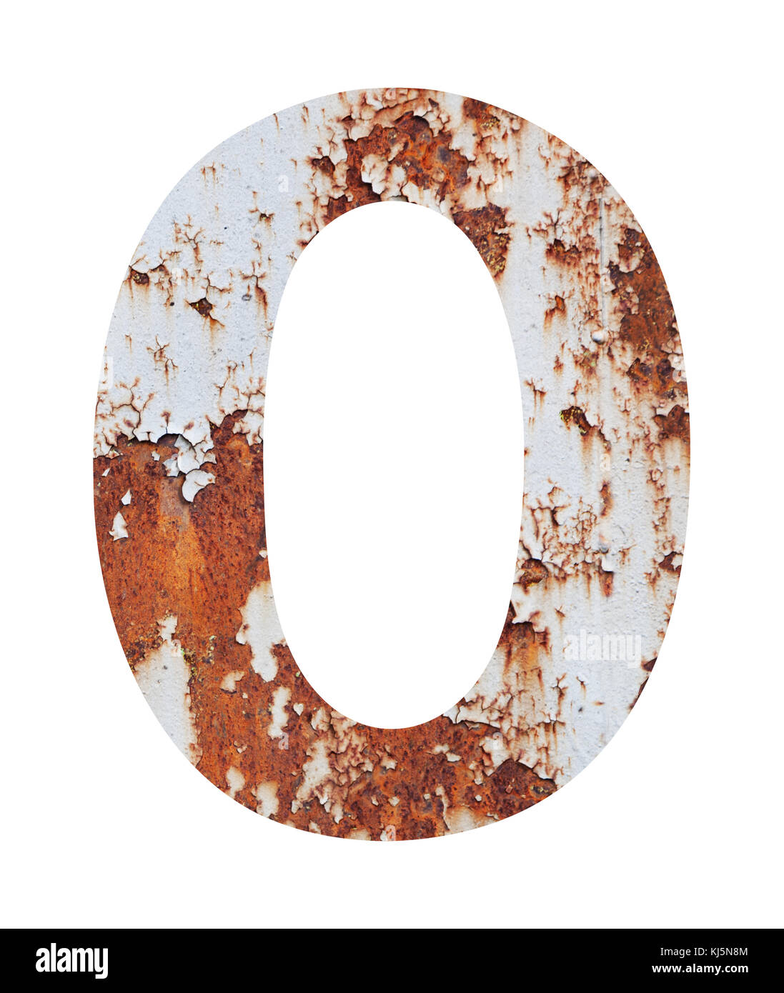 Old rusty metal alphabet, text 0, isolated over the white background ...