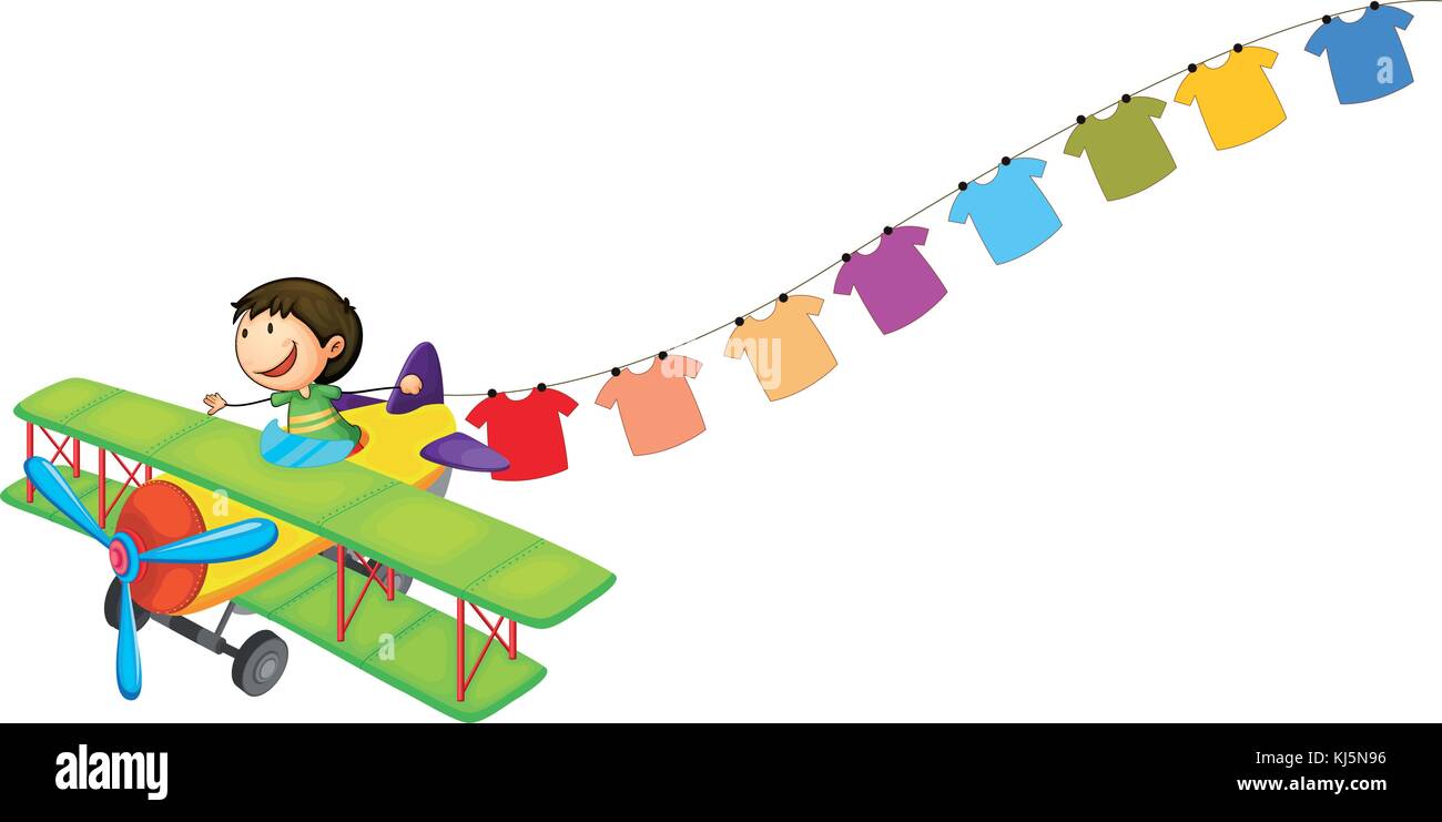 Illustration of a boy in a plane with hanging clothes on a white ...