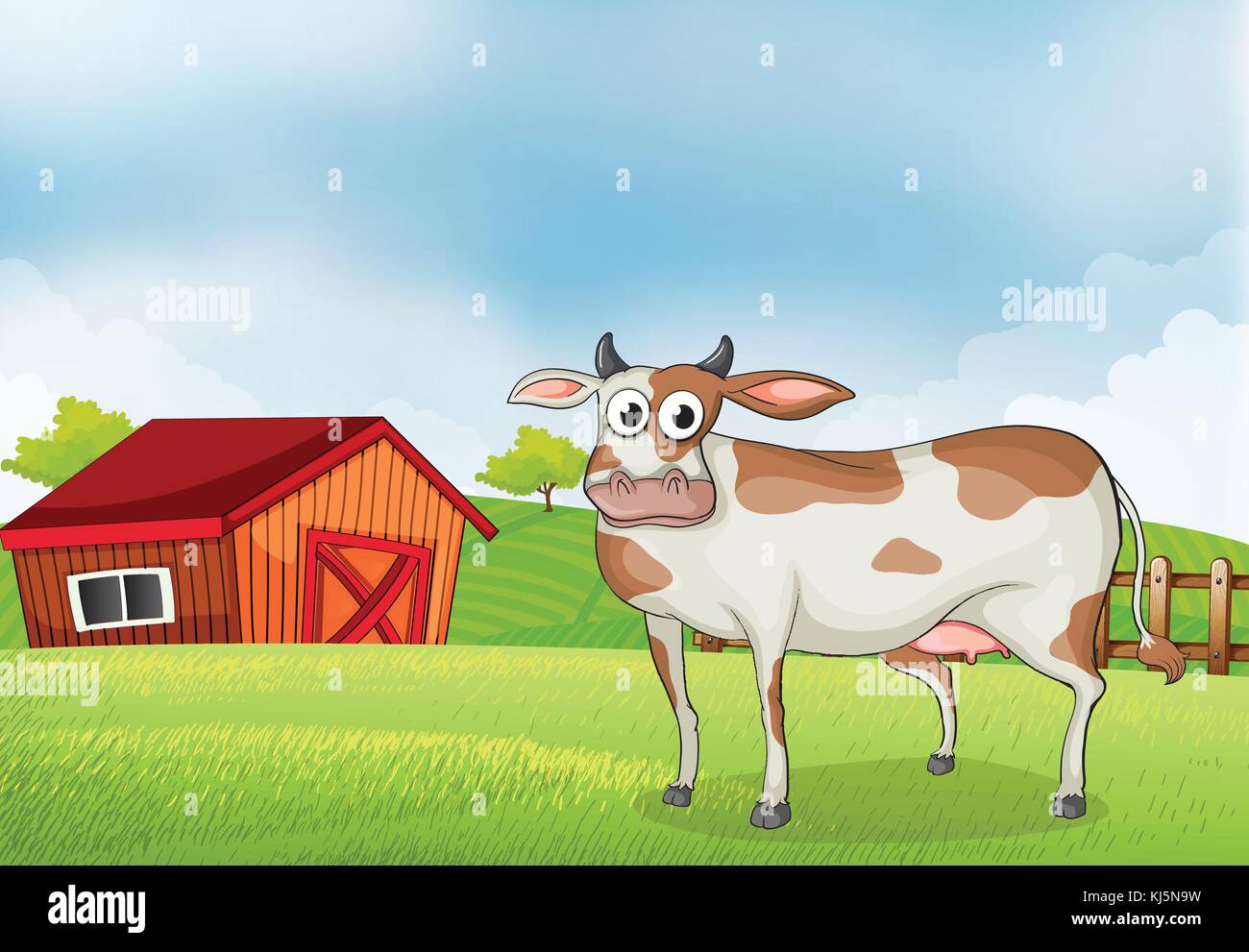 Illustration of a cow in the farm with a wooden house at the back Stock ...